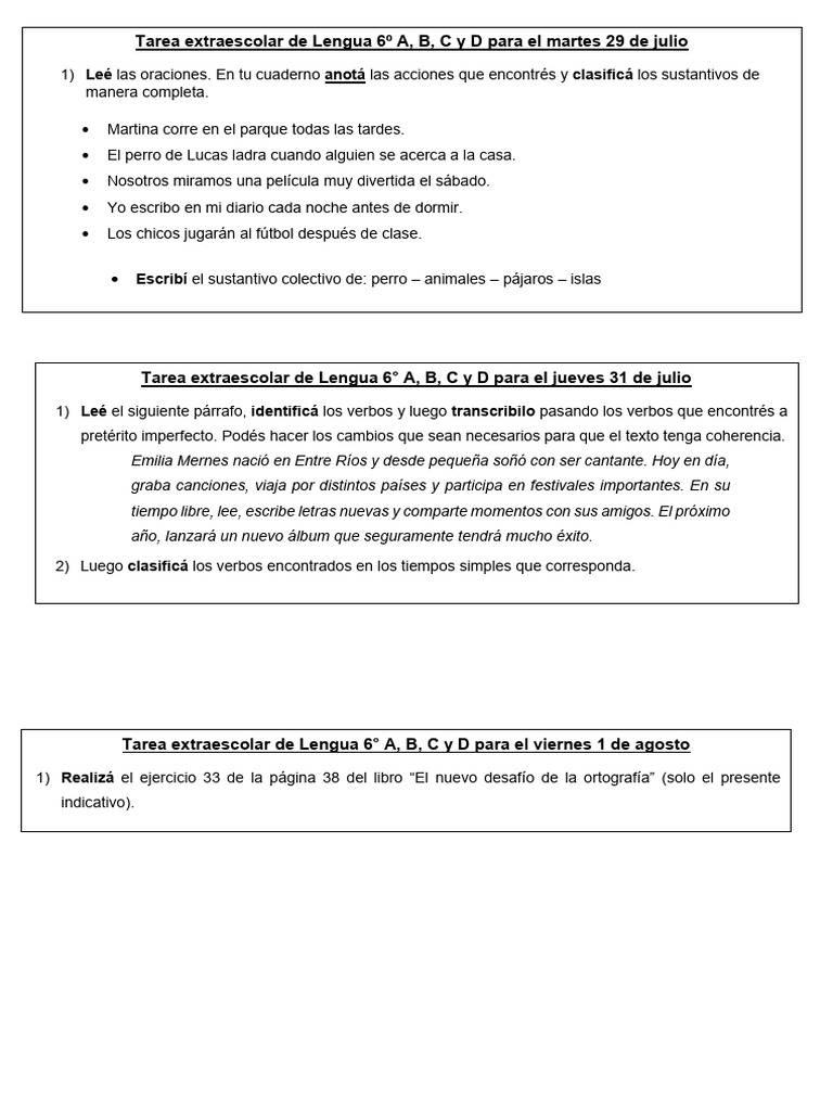 SEXTO GRADO - Tarea Extraescolar Lengua Semana Del 28 de Julio | PDF