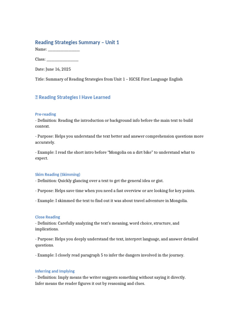 Reading Strategies Summary Exercise2 | PDF