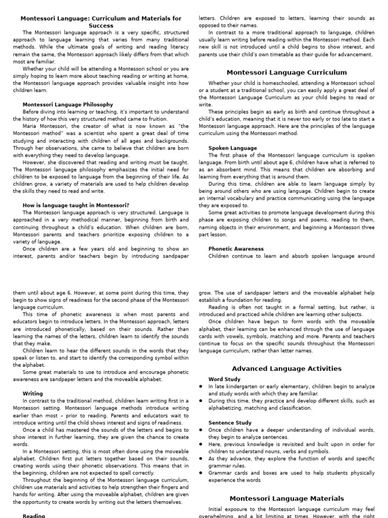Montessori Language - Curriculum and Materials For Success | PDF ...
