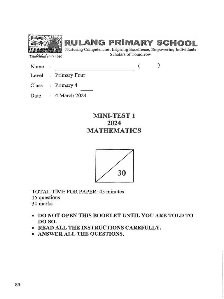 P4 Maths WA1 2024 Rulang Exam Papers | PDF