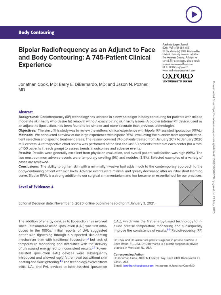 Bipolar Radiofrequency As An Adjunct To Face and Body Contouring - A ...