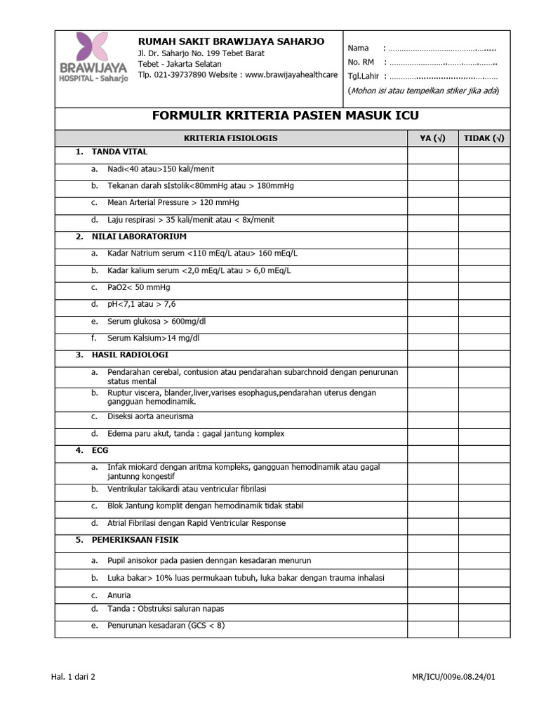 Formulir - Kriteria Pasien Masuk Icu | PDF