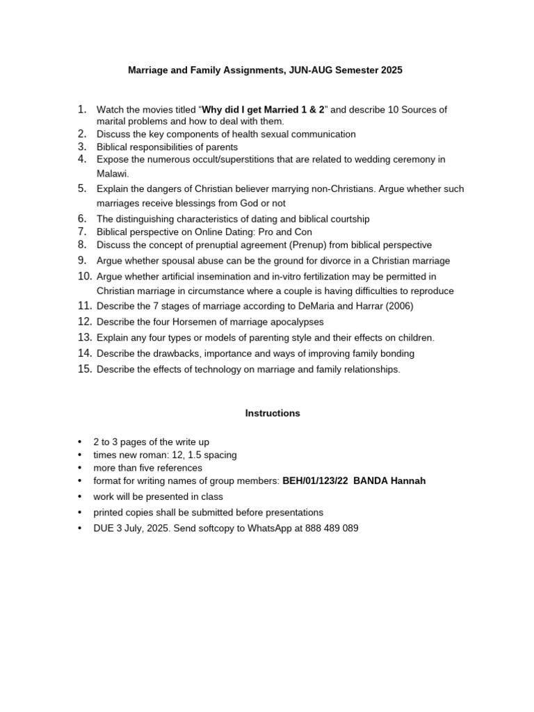 Marriage and Family Assignments, JUN-AUG 2025 | PDF