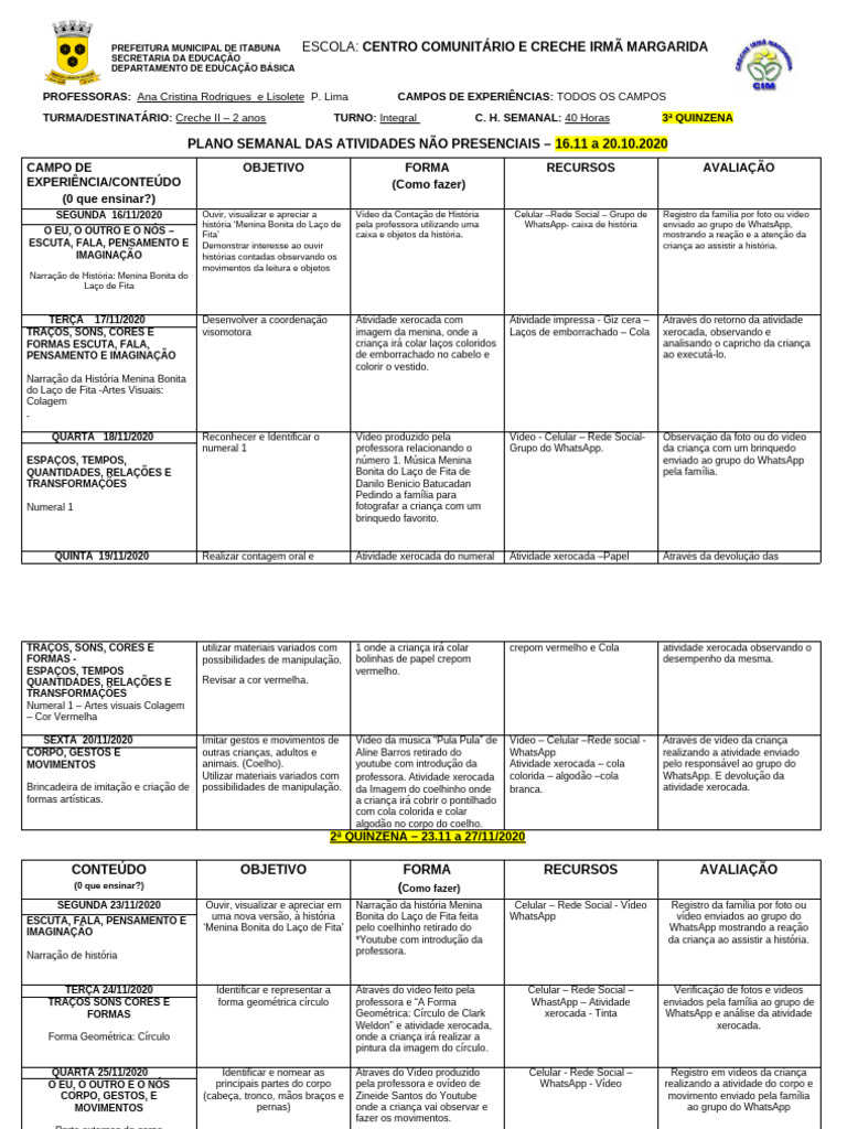 2 ANOS - 3ºª QUINZ. PLANO DE AULA (lis lima)-4 (1) | PDF | Vídeo | YouTube
