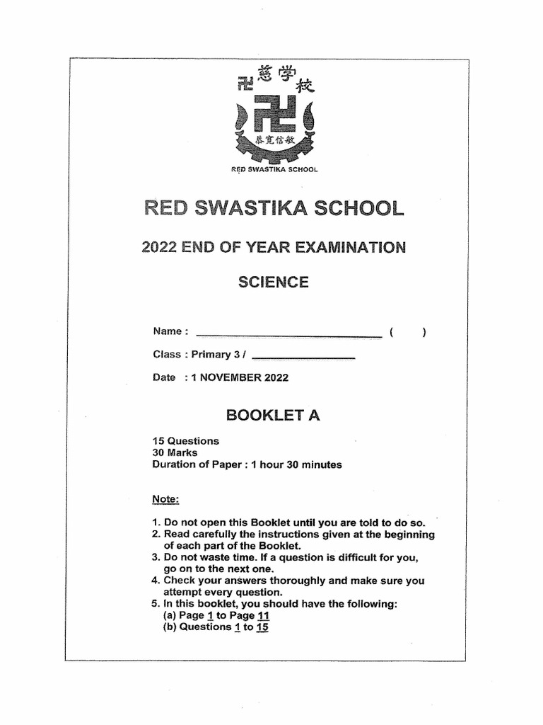 P3 Science 2022 RedSwastika EOY Papers | PDF