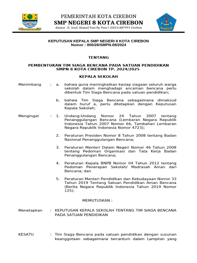 SK Tim Siaga Bencana SMPN 8 Cirebon | PDF