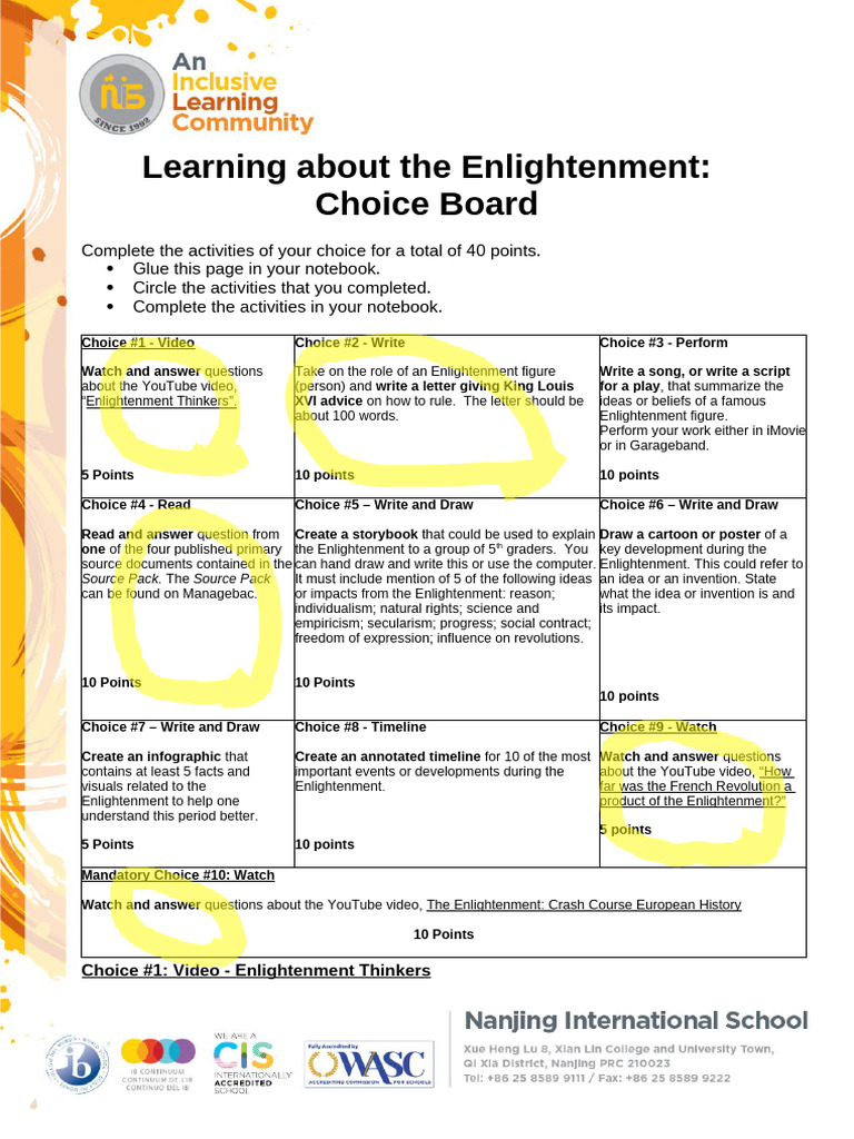 01 Enlightenment Choice Board Student | PDF | Age Of Enlightenment ...
