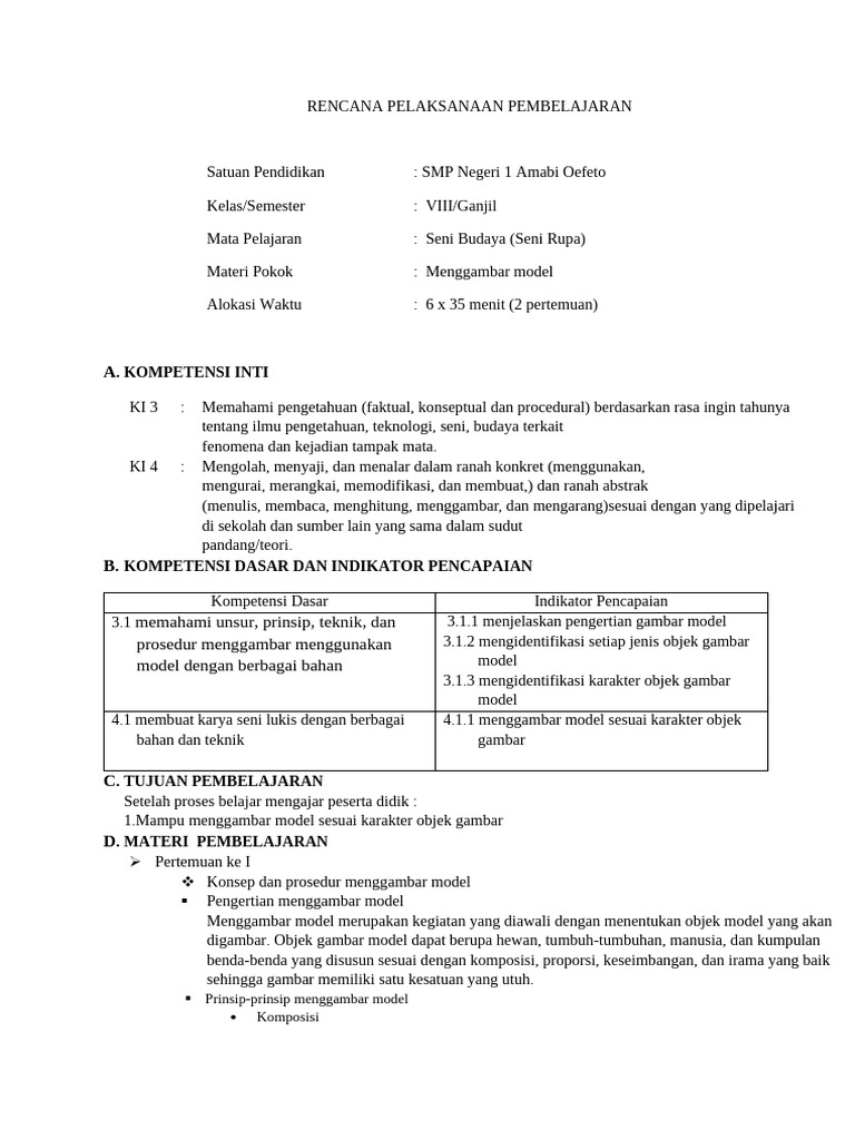 Rpp Seni Rupa Kelas VIII Ganjil | PDF