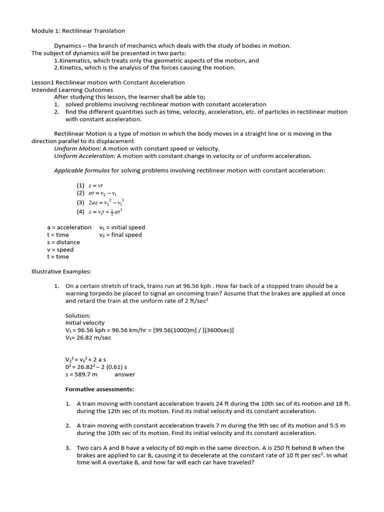 Rectilinear Motion with Constant Acceleration | PDF | Acceleration ...