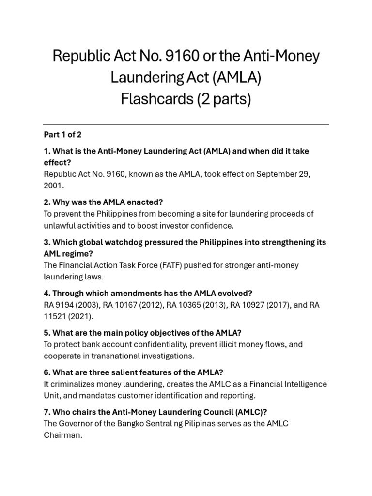 Part 1 of 2_Anti-Money Laundering Act (AMLA) Flashcards Reviewer | PDF ...