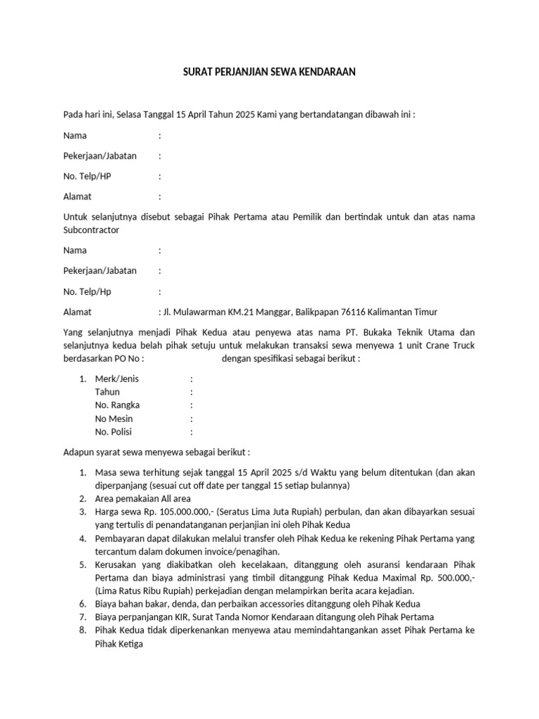 Surat Perjanjian Sewa Kendaraan (TMC) | PDF