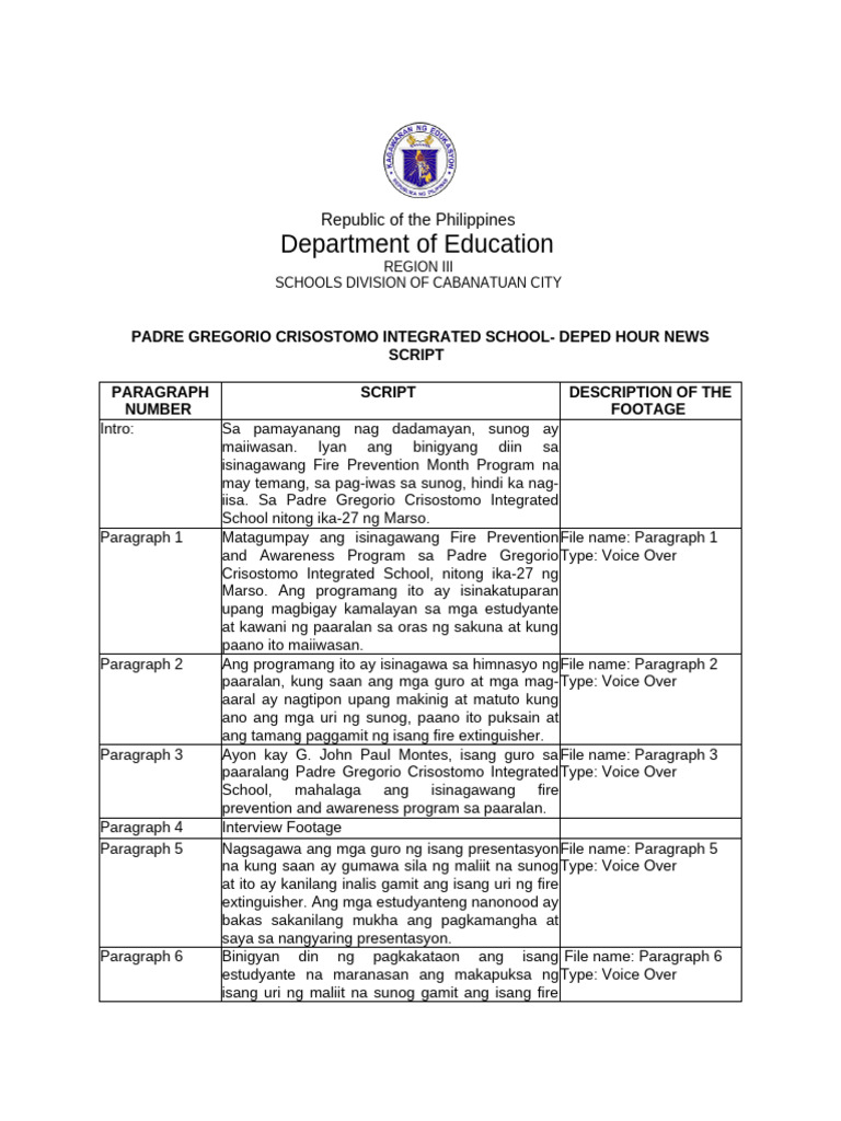 Script-DepEd-Hour-FIRE PREVENTION AND AWARENESS MONTH PROGRAM | PDF