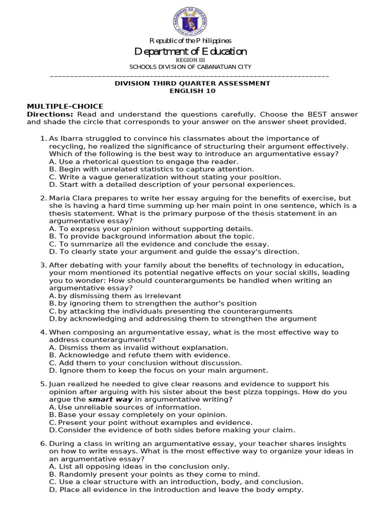 English 10 Argumentative Essay Assessment | PDF | Essays | Argument