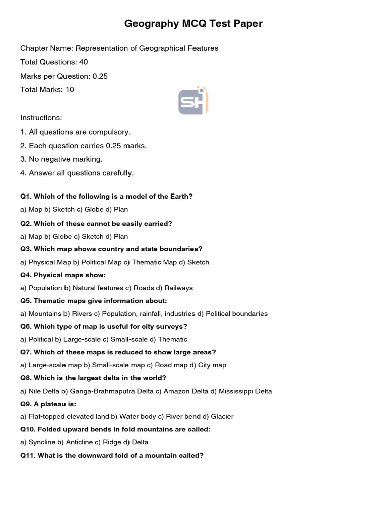 Geography MCQ Test Paper | PDF | Map | Mountains
