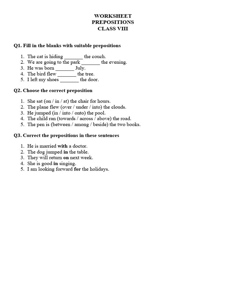 Class 8 Preposition Worksheet | PDF