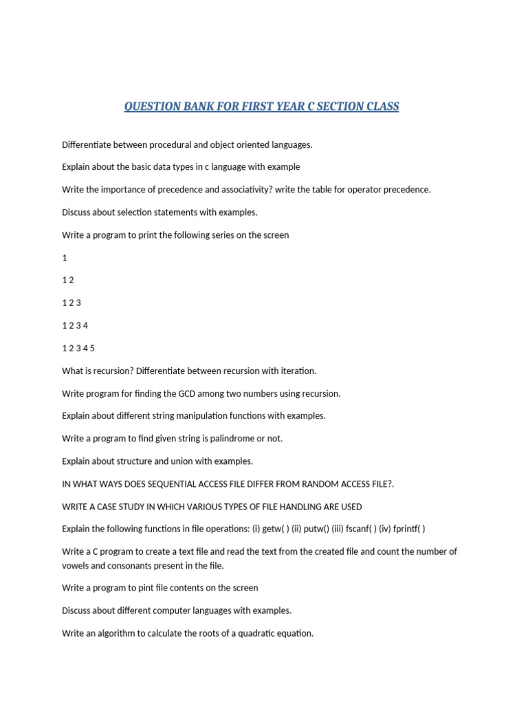 Question Bank For First Year C Section | PDF | Computer Program | Programming