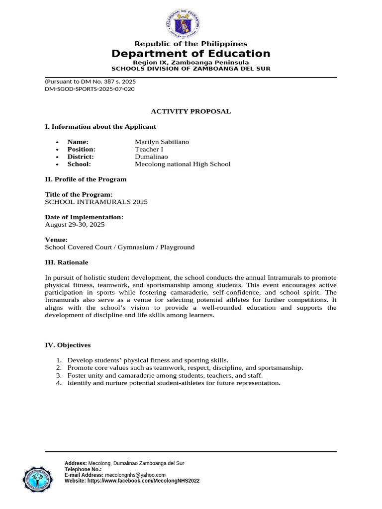 ACTIVITY PROPOSAL in Intramurals | PDF | Sports