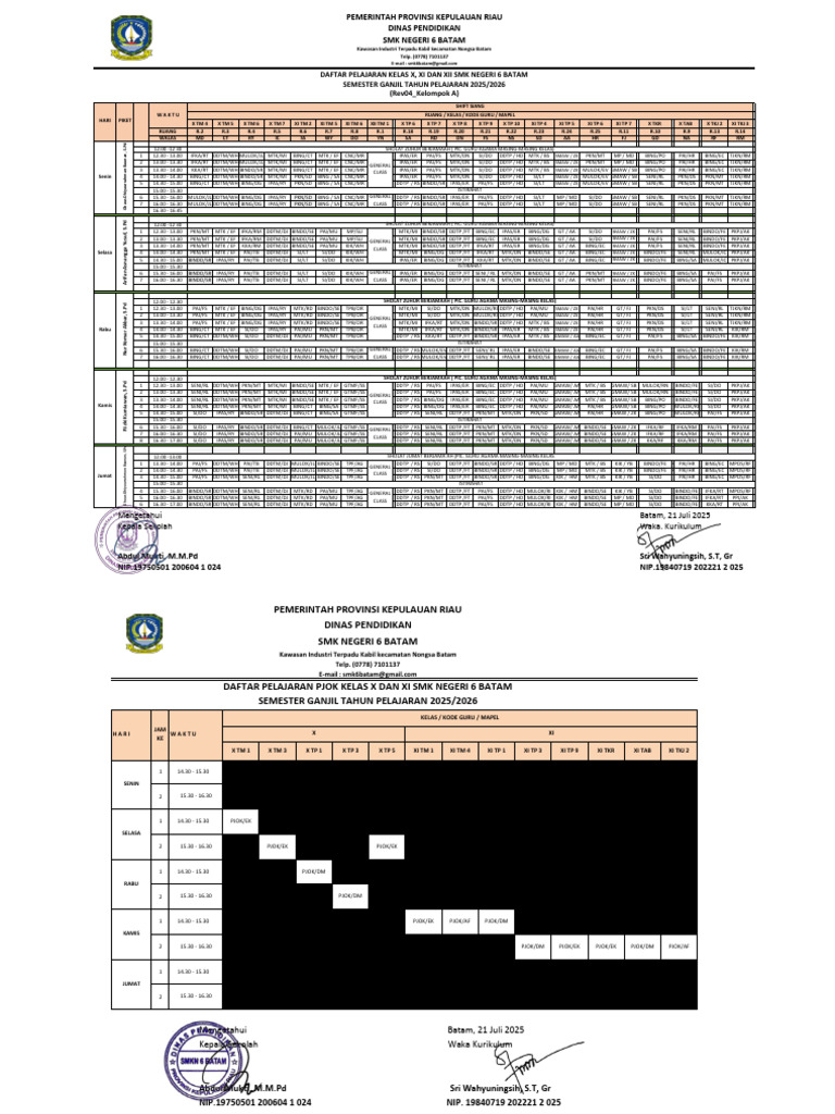 Jadwal Pelajaran SMK Negeri 6 Batam | PDF