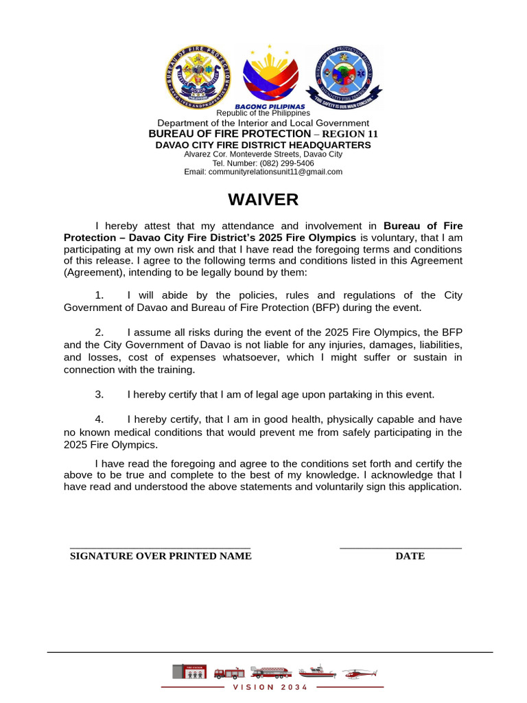 Davao City Fire Olympics 2025 Waiver Form | PDF