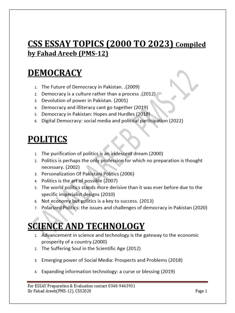 CSS Essay Topics 2000-2023 Fahad Areeb | PDF | United Nations | International Relations