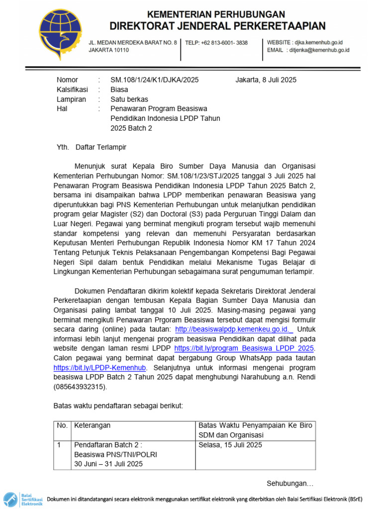 Surat Penawaran Program Beasiswa LPDP Batch 2 Tahun 2025 | PDF