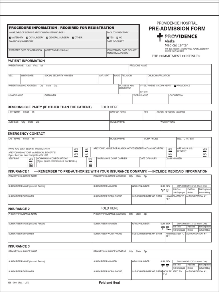 Pre-Admission Form: Procedure Information - Required For Registration ...