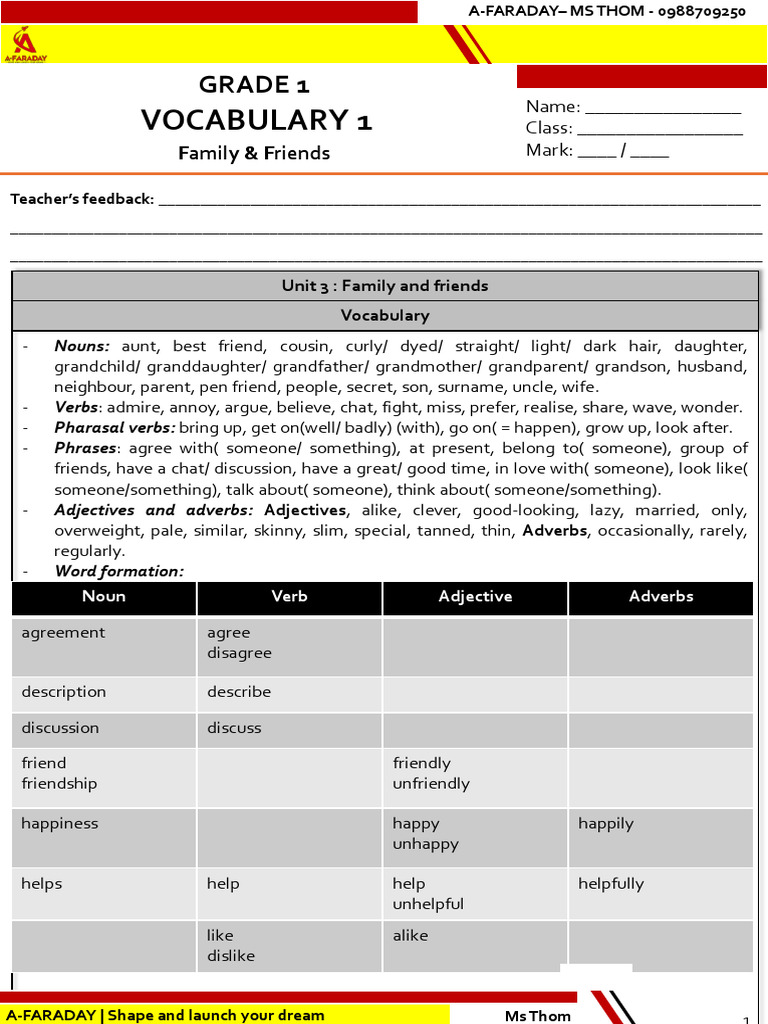 Family and Friends Vocabulary Guide | PDF | Adjective | Adverb