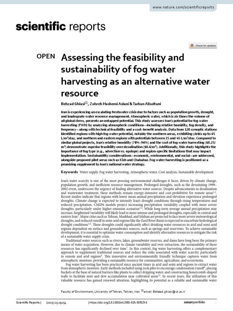 Fog Water Harvesting in Iran: Feasibility Study | PDF | Drought | Water