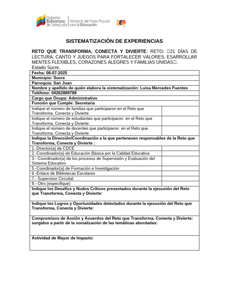 Sistematización de Experiencias Reto Que Transorma Conecta y Divierte | PDF