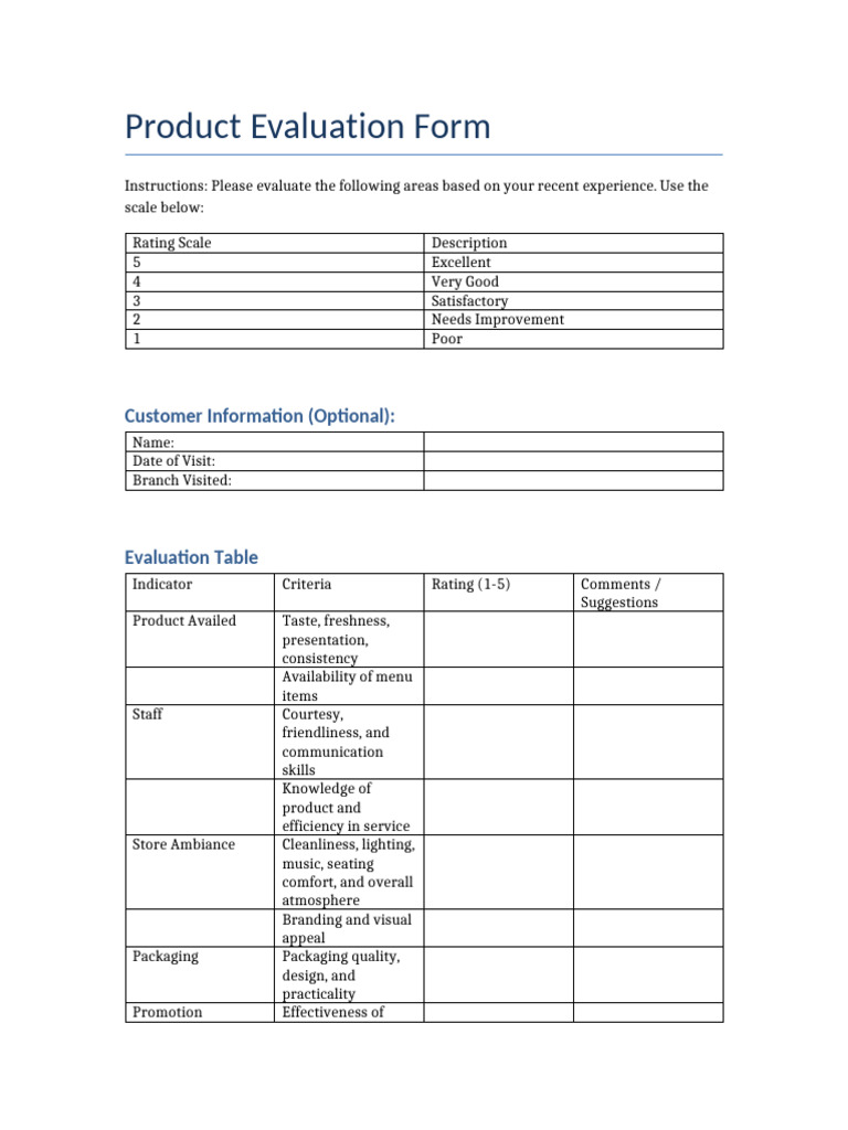 Product Evaluation Form | PDF