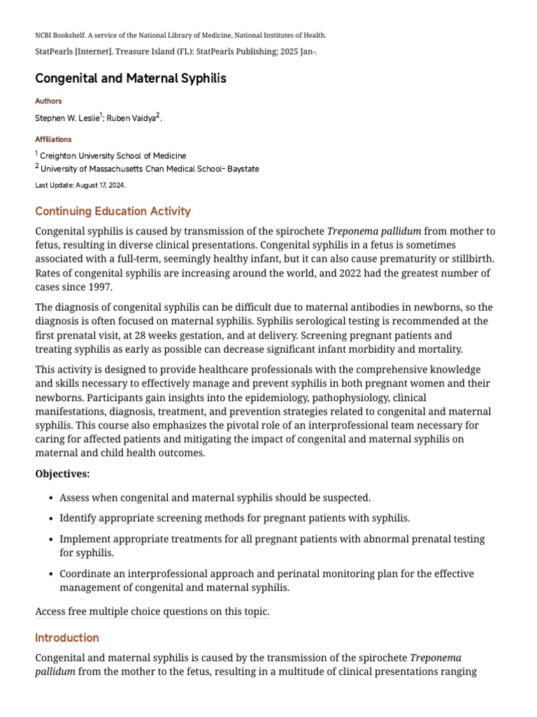 Congenital and Maternal Syphilis - StatPearls - NCBI Bookshelf | PDF ...