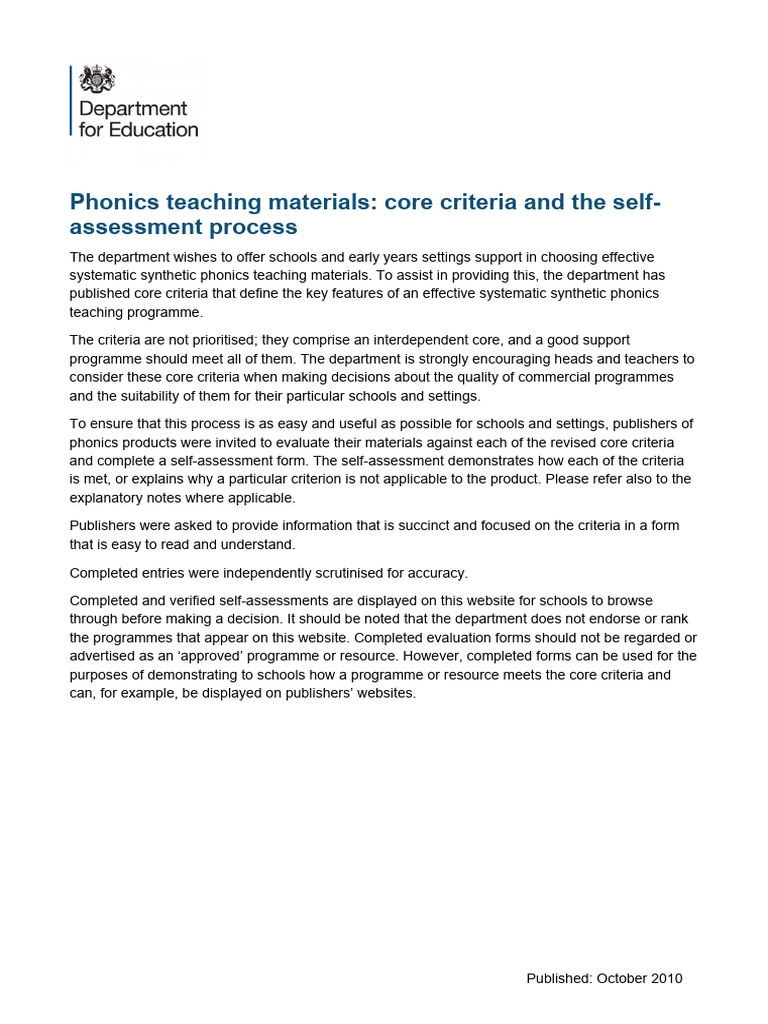 Phonics Core Criteria and The Self-Assessment Process | PDF | Phonics ...