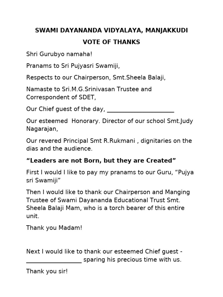 Vote of Thanks - Investiture | PDF