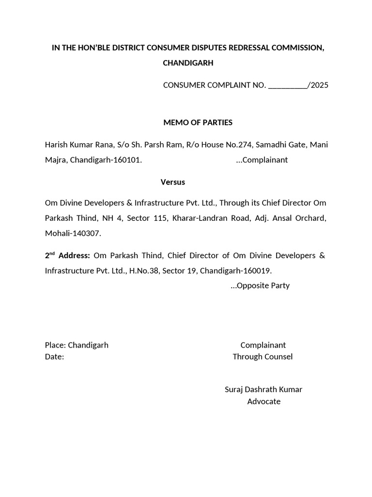 Memo of Parties for Consumer Complaint | PDF