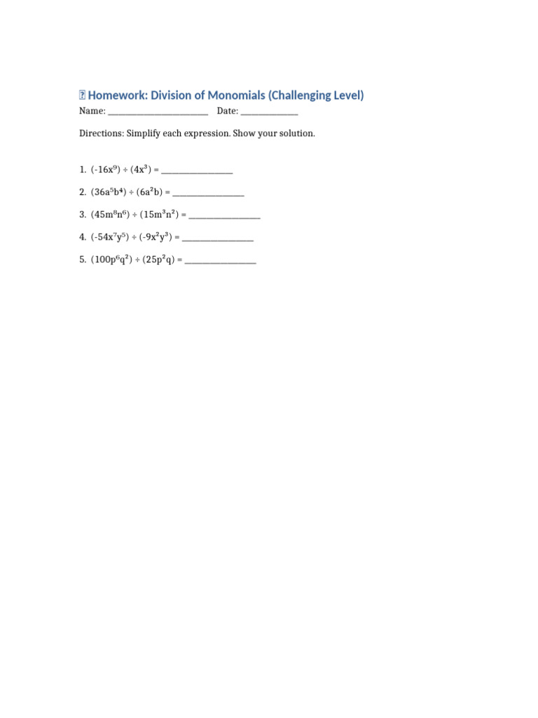Division of Monomials Homework | PDF