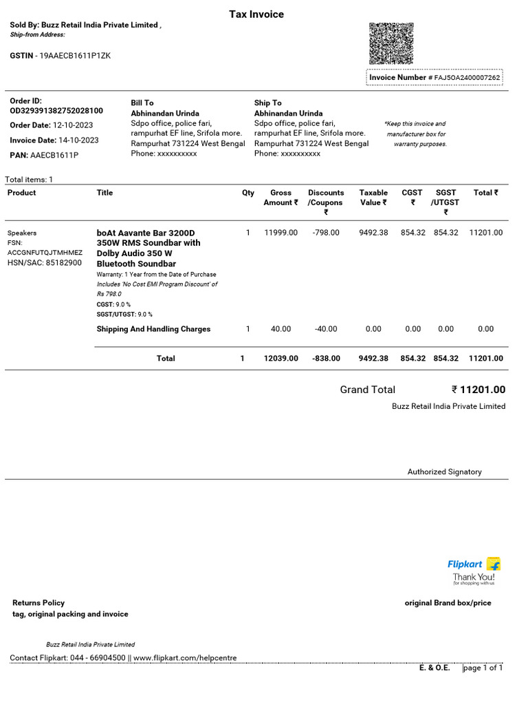 Invoice for boAt Aavante Soundbar Purchase | PDF