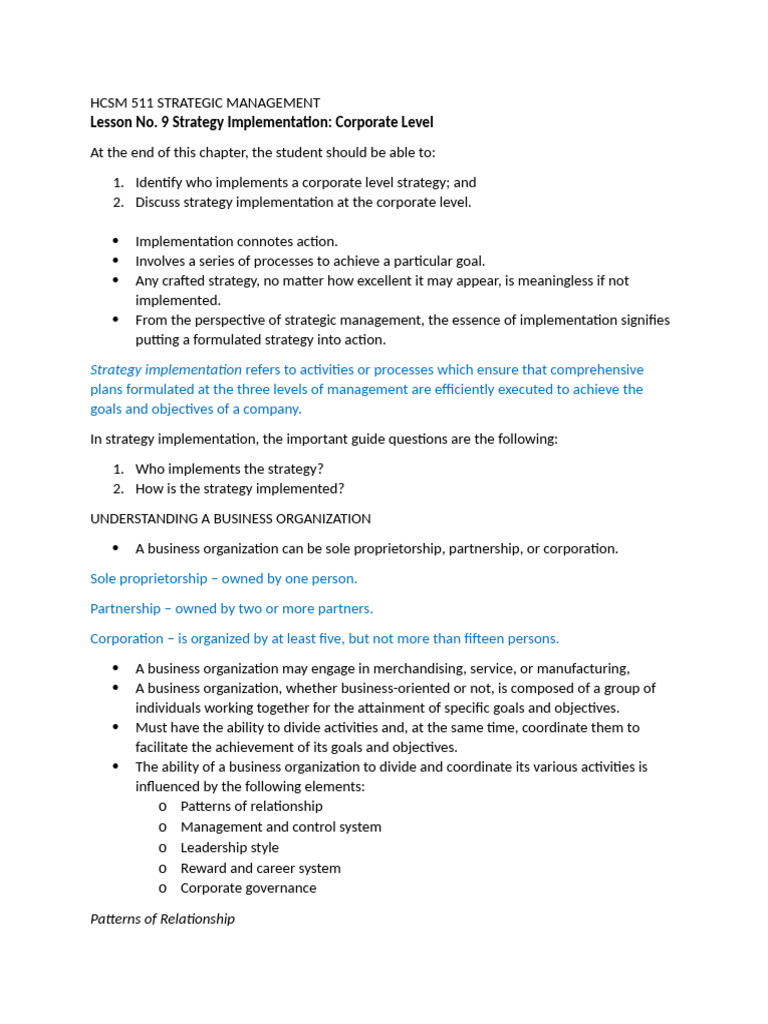 Corporate Level Strategy Implementation | PDF | Strategic Management ...