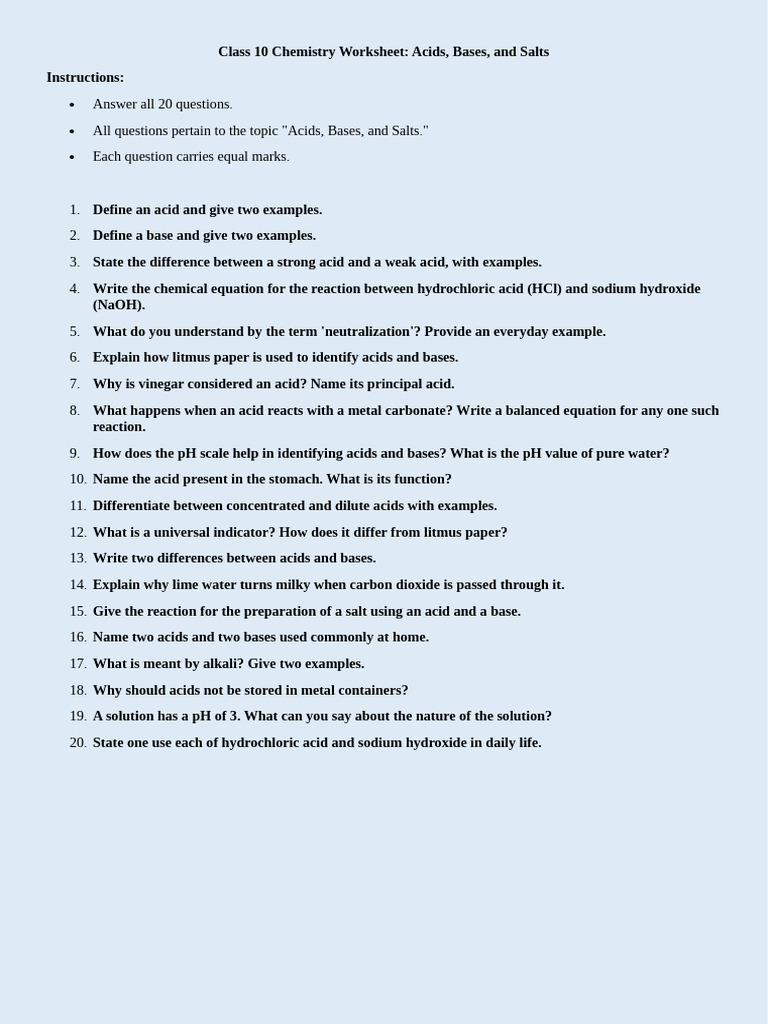 Acid Base Worksheet | PDF