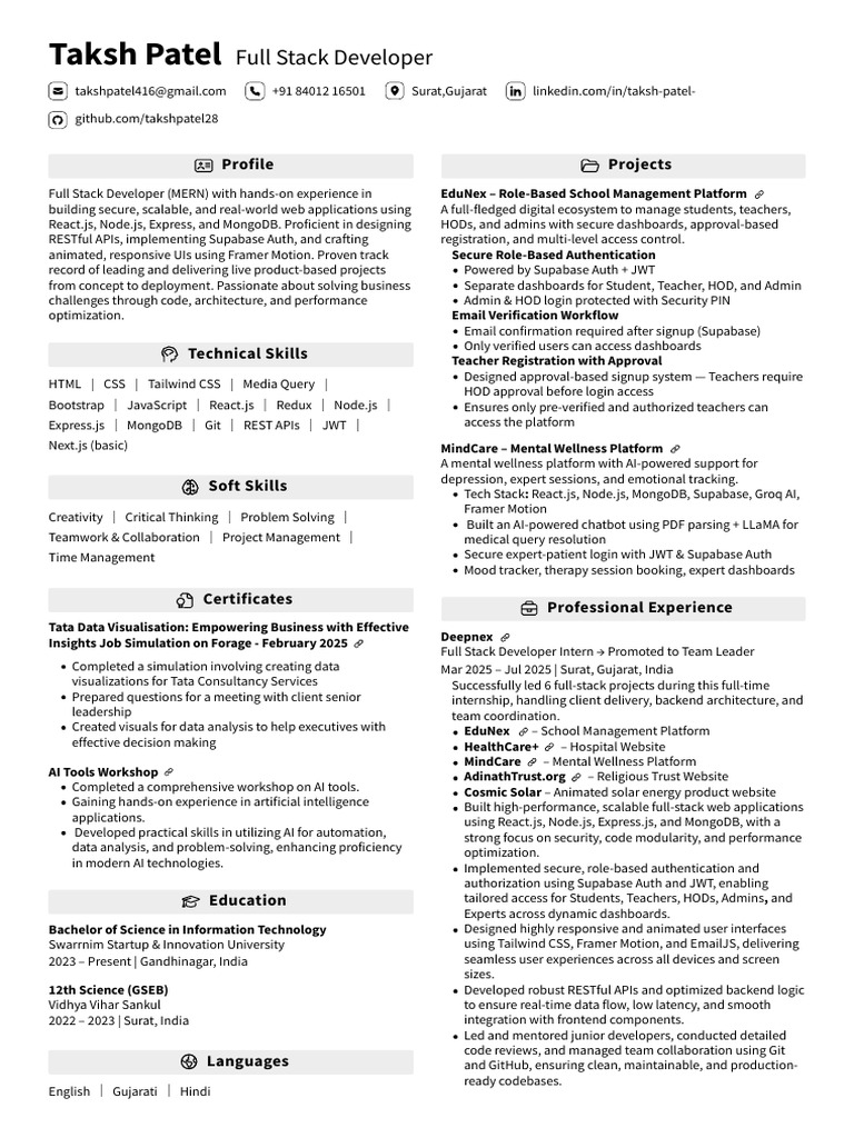 Taksh Patel Resume 2025 2 | PDF | Artificial Intelligence ...
