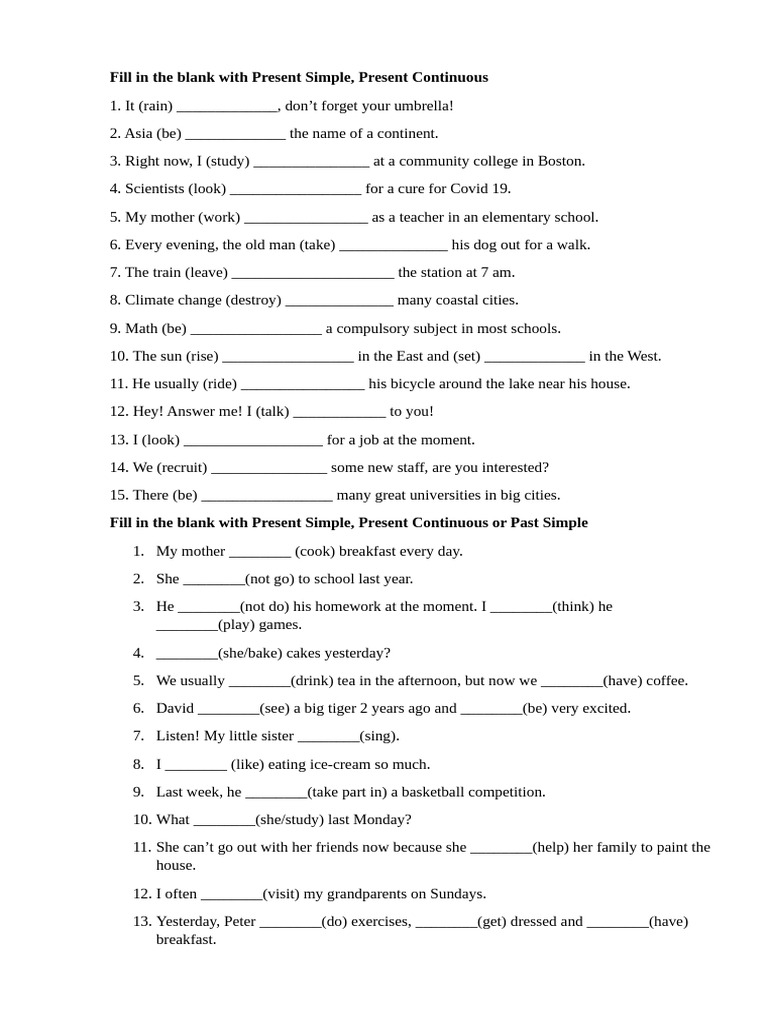 Fill in The Blank With Present Simple | PDF | Foods | Cuisine