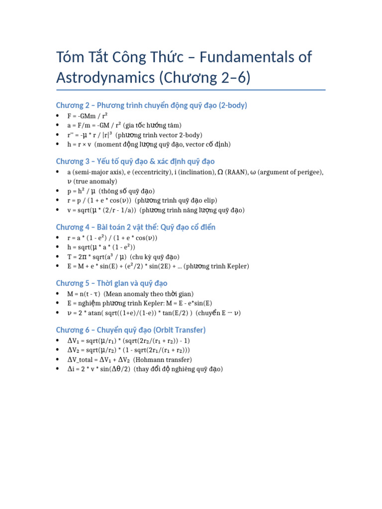 Tom Tat Cong Thuc Astrodynamics Chap2-6 | PDF