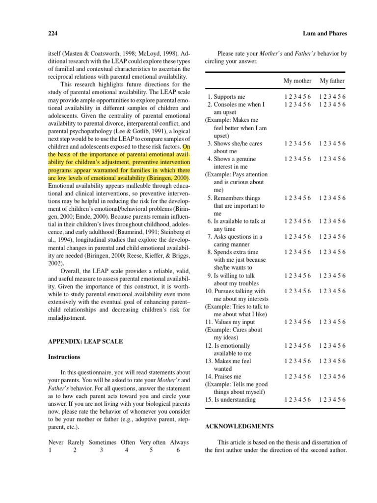 Scale of LEAP_Lum & Phares_2005 Emotional Availability | PDF | Social Psychology | Psychological ...