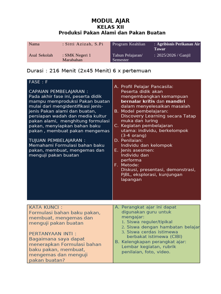 Modul Ajar Pakan Buatan Kelas Xii 2025 | PDF