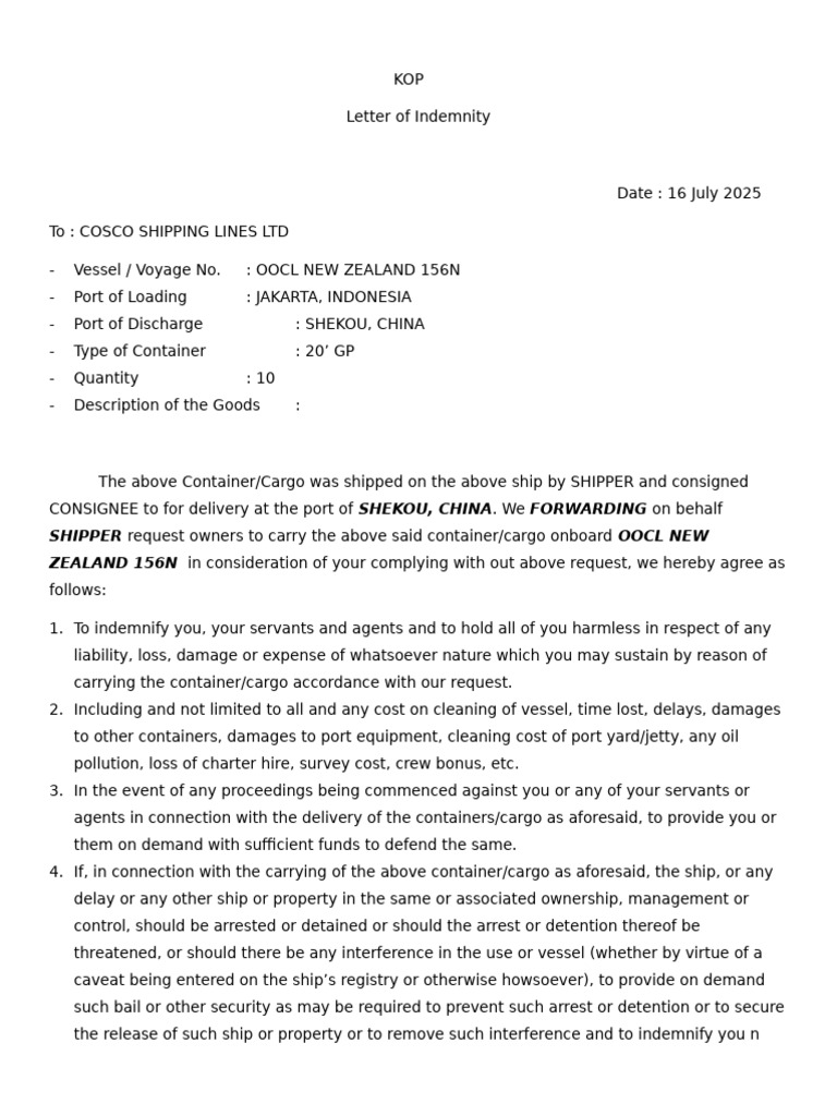 LOI for COSCO Shipping Release | PDF | Indemnity | Cargo