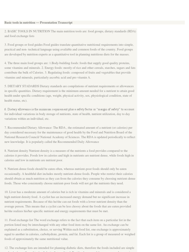 An Overview of Basic Nutrition Tools and Their Application in Food Labeling and Dietary ...