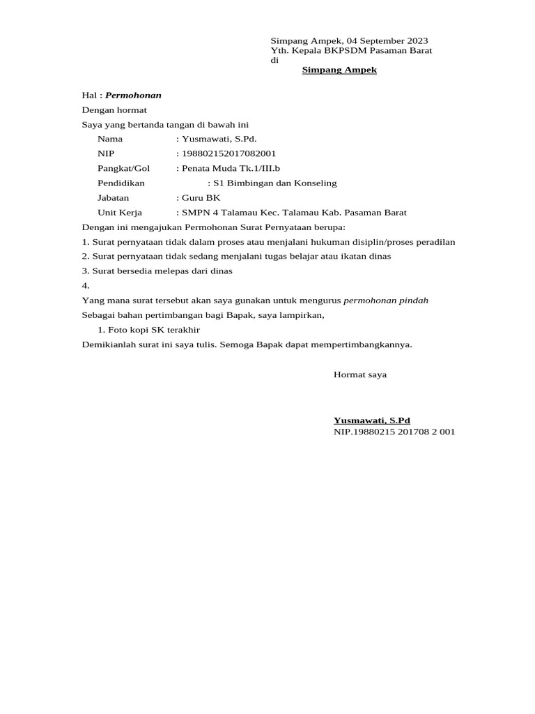Permohonan Surat Pindah Yusmawati S.Pd | PDF