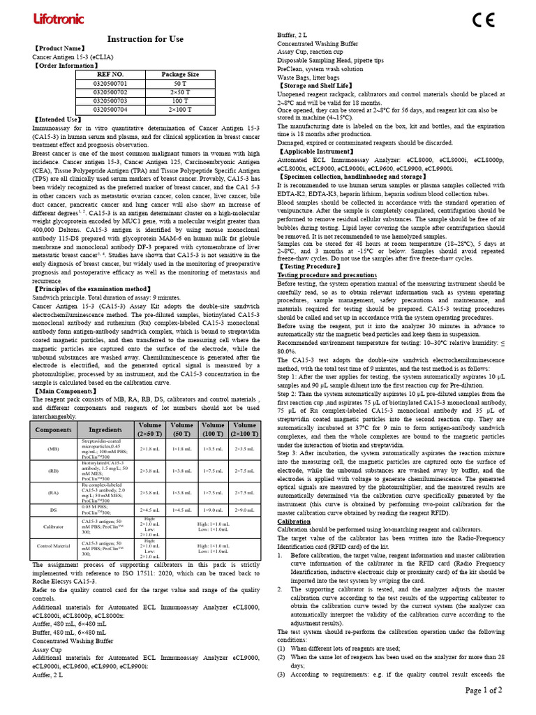 Instruction For Use of Cancer Antigen 15-3 (ECLIA) | PDF | Medical ...