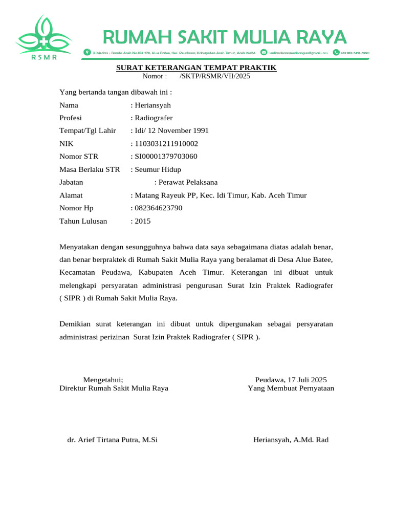 Surat Keterangan Tempat Praktik RSMR | PDF