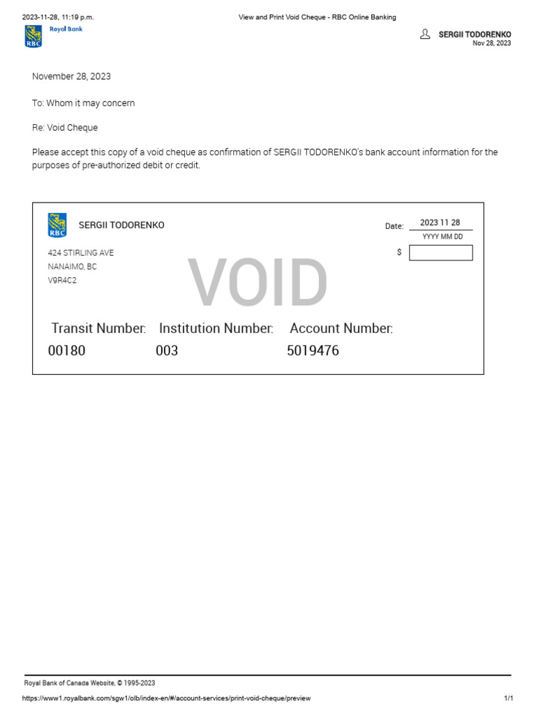 View and Print Void Cheque - RBC Online Banking Credit Line 13k | PDF