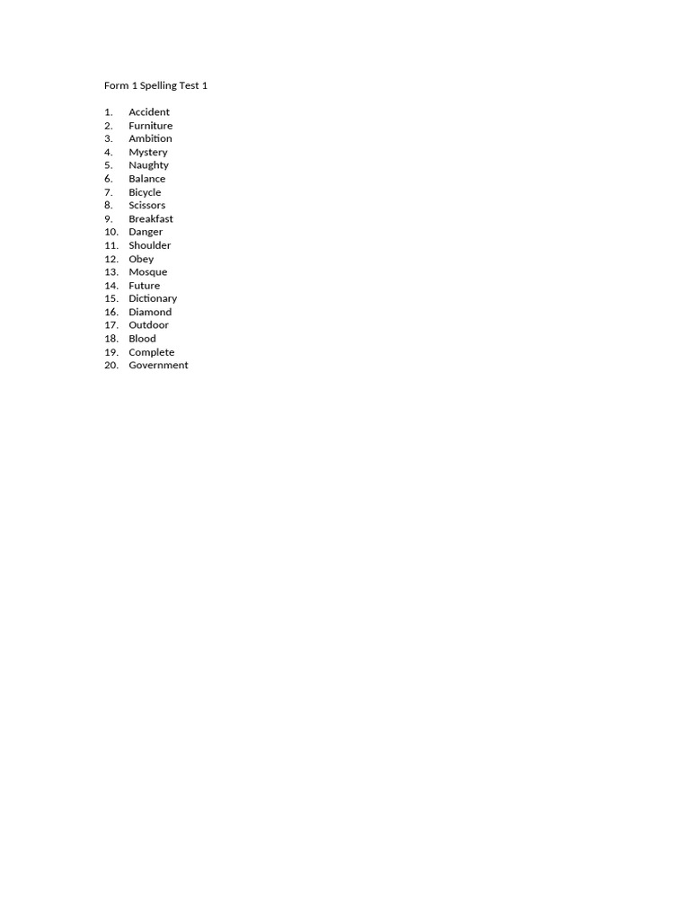 Form 1 Spelling Test 1 | PDF